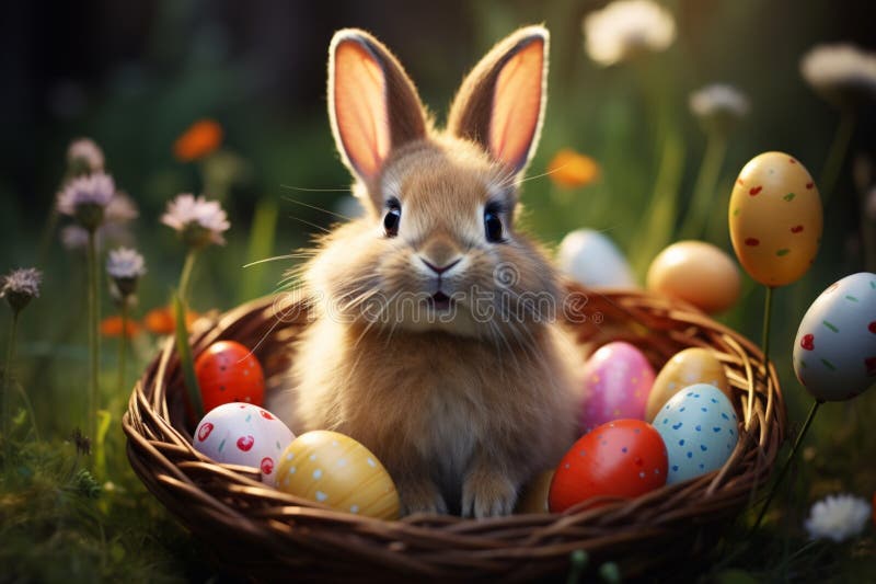 Easter Sunday Scene Cute Bunny with Colorful Eggs, Blurry Grass Stock ...