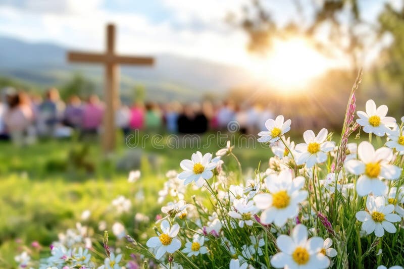 Easter Sunrise Service in Nature Setting with Cross and Flowers for ...