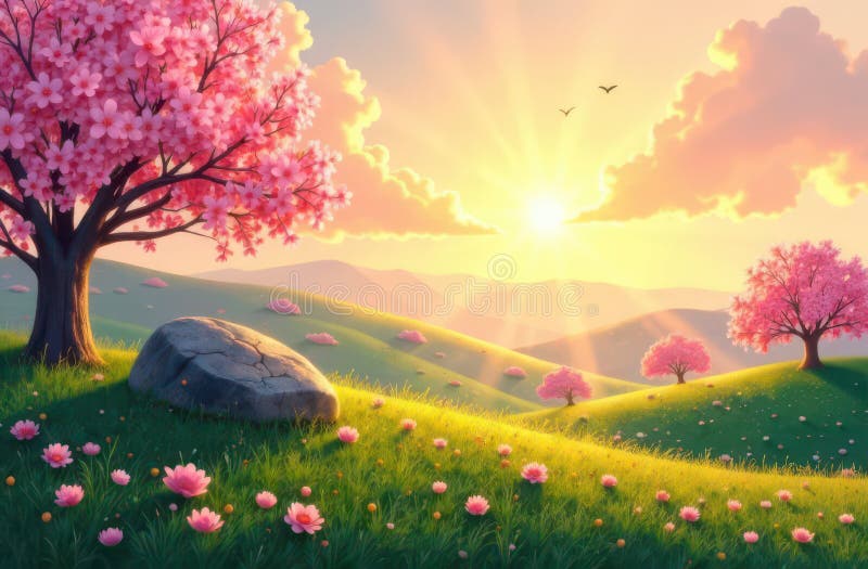 Easter Sunrise and Sunday with Rolling Hills and Cherry Trees Stock ...