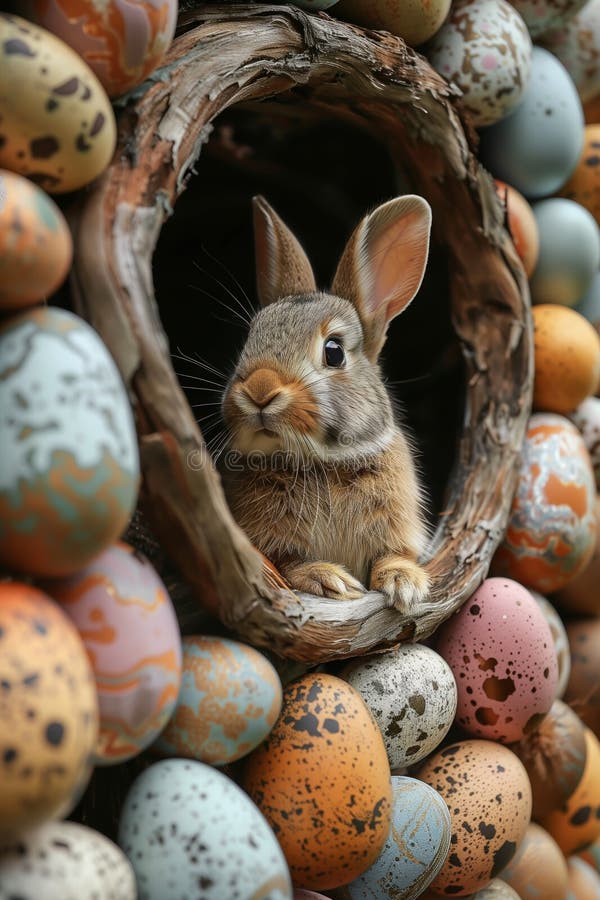An Easter Surprise: Bunny Amidst a Collection of Colorful Eggs Stock ...