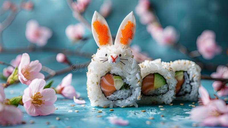 Easter Sushi Shaped Like a Bunny on Blue Table with Spring Flowers ...