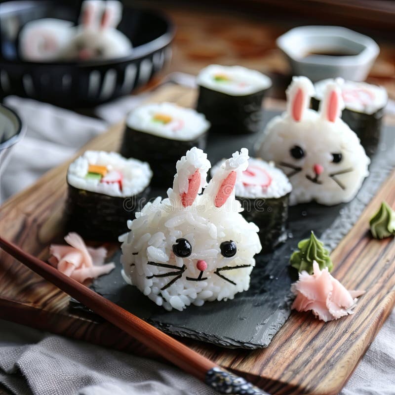 Easter Sushi Shaped Like a Bunny on the Table in the Cafe Stock ...