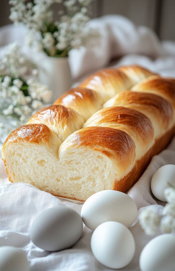 Easter Sweet Braided Bread with White and Gray Eggs on the Table Stock ...