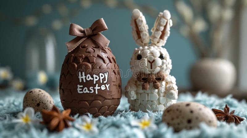Easter Sweetness: Chocolate Egg and White Rabbit with Bow, "Happy ...