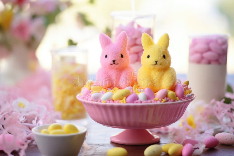 Easter Sweets on the Dessert Table. Easter Peeps Marshmallow Bunnies ...