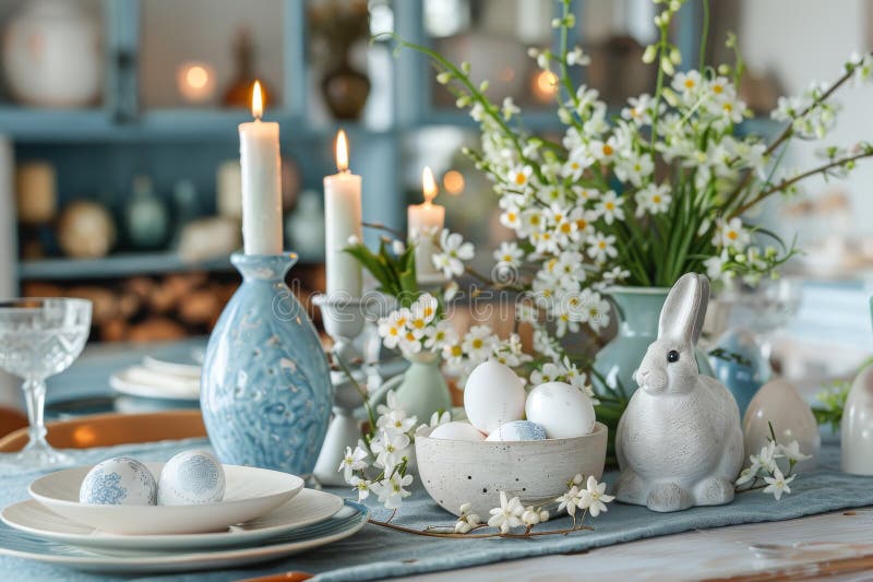 Easter Table Decorated, Colorful Eggs and Easter Bunny Celebration ...