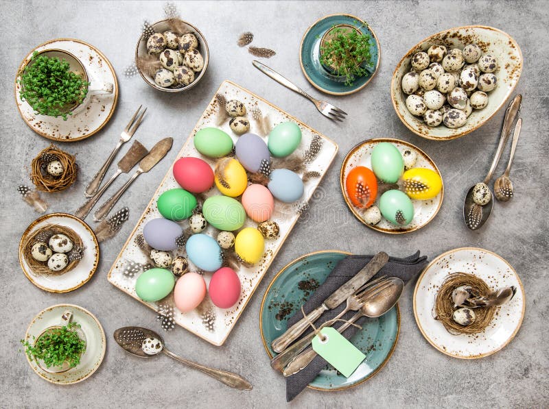 Easter Table Decorations Colored Eggs Flat Lay Stock Image - Image of ...