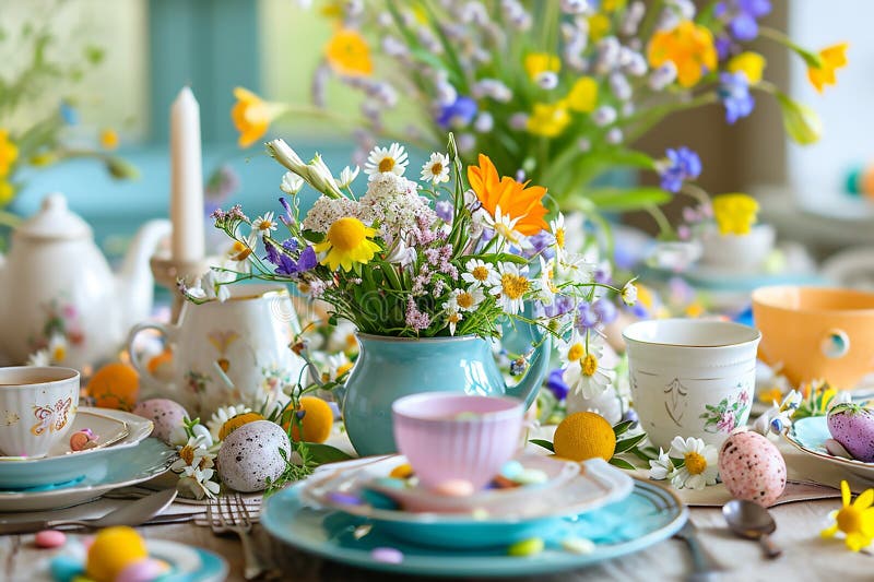 Easter Table Place Settings with Spring Flowers and Easter Eggs Stock ...