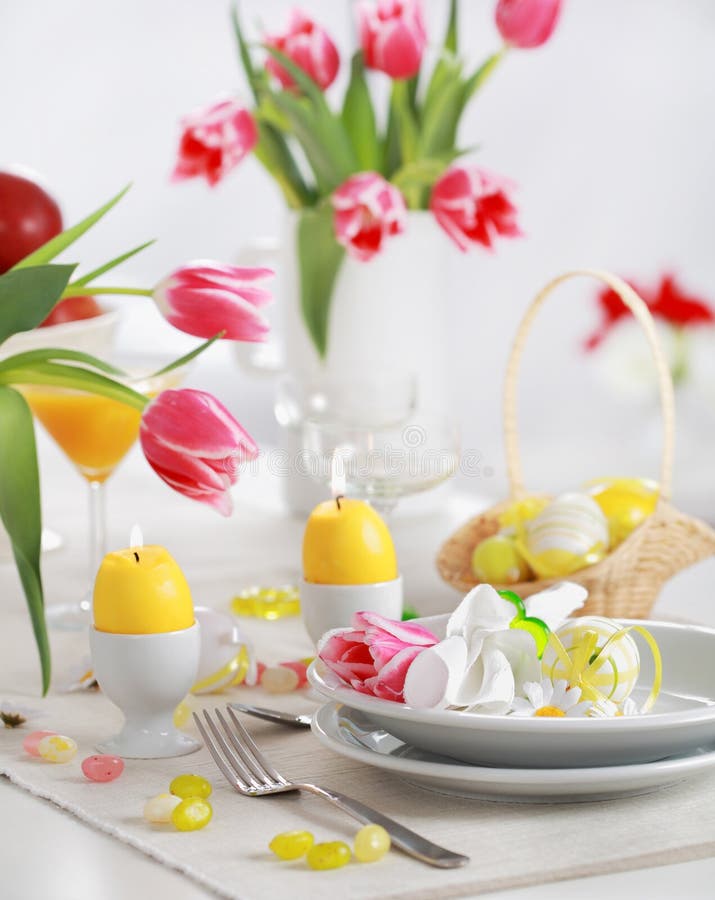 Pink Theme Happy Easter Dinner Table Setting - Vertical. Stock Image ...