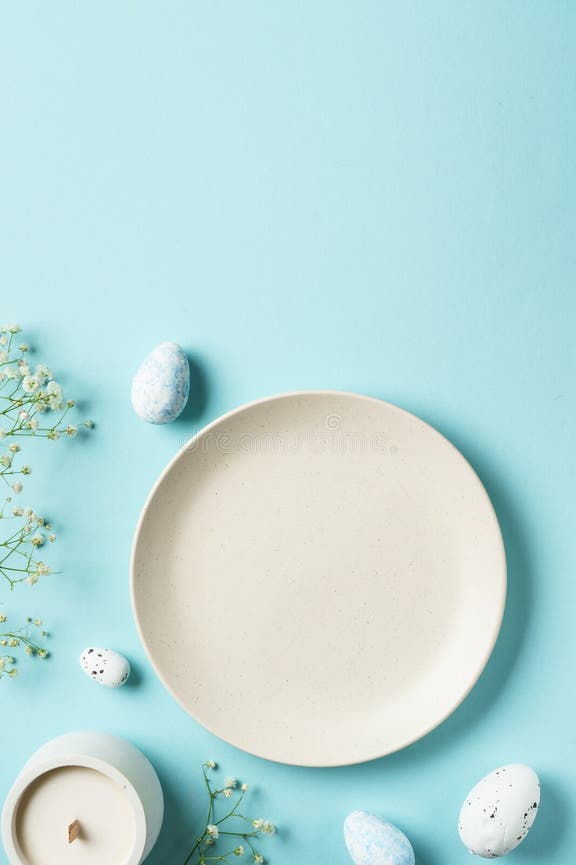 Easter Table Setting on Blue. Stock Image - Image of leaves, dish ...