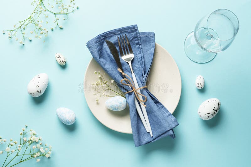 Easter Table Setting on Blue. Stock Photo - Image of green, beautiful ...