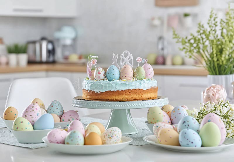 Easter Table Setting with Cake, Eggs & Decor Stock Illustration ...