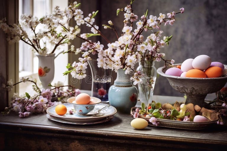 Easter Table Setting with Spring Flowers and Easter Eggs. Stock Illustration - Illustration of ...