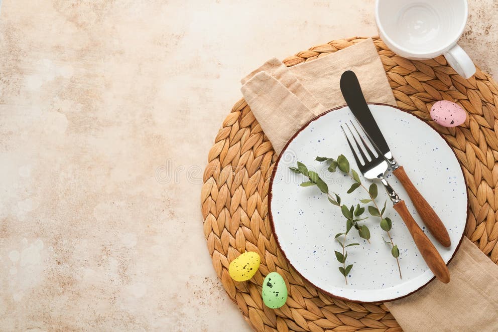 Easter Table Setting. Easter Dinner with Multicolored Easter Eggs ...