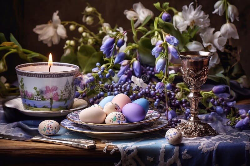 Easter Table Setting with Eggs, Candles and Spring Flowers. Stock ...