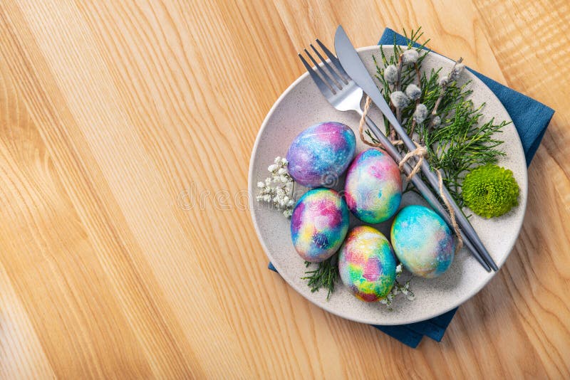 Easter Table Setting with Eggs and Forest Stock Photo - Image of plate ...