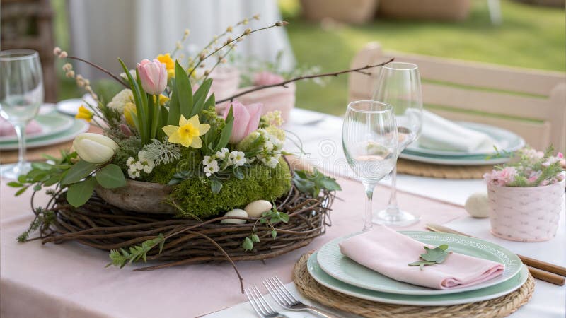 Easter Table Setting with Floral Centerpiece and Elegant Dinnerware for ...