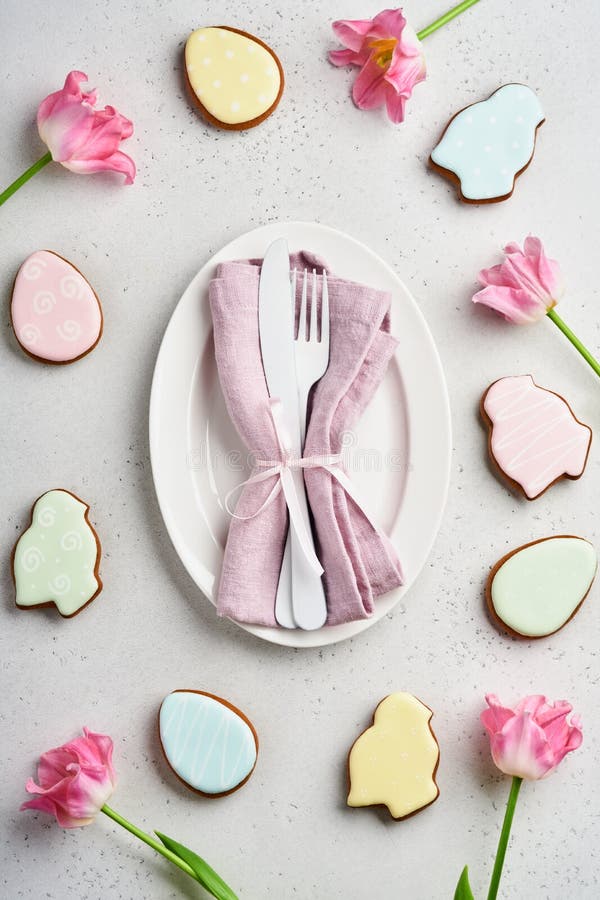 Easter Table Setting with Floral Decor on Gray Table. Elegance Dinner ...