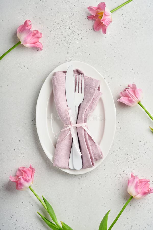 Easter Table Setting with Floral Decor on Gray Table. Elegance Dinner ...