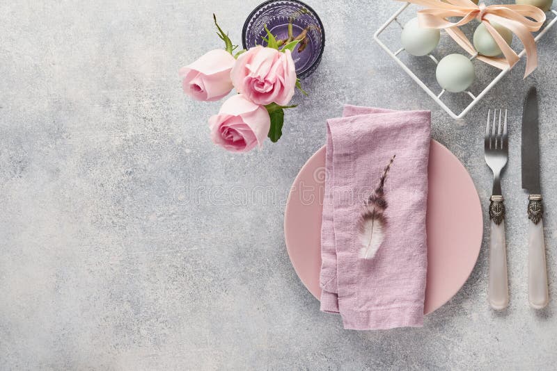 Easter Table Setting with Floral Decor on Grey Table. Elegance Dinner ...