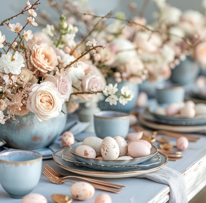 Easter Table Setting with Flowers and Plates Stock Photo - Image of ...