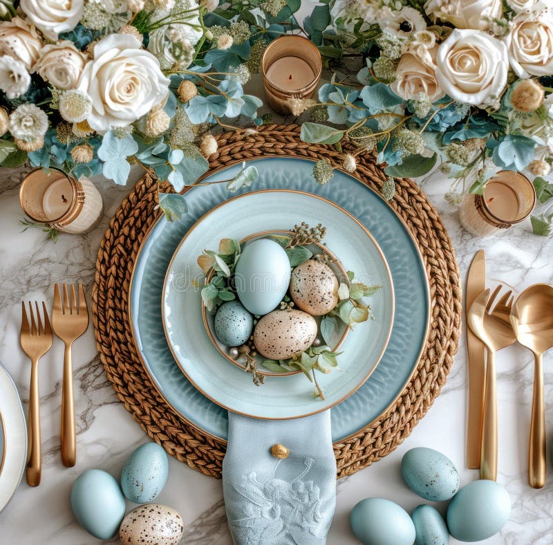 Easter Table Setting with Gold, Blue, and Green Stock Image - Image of ...