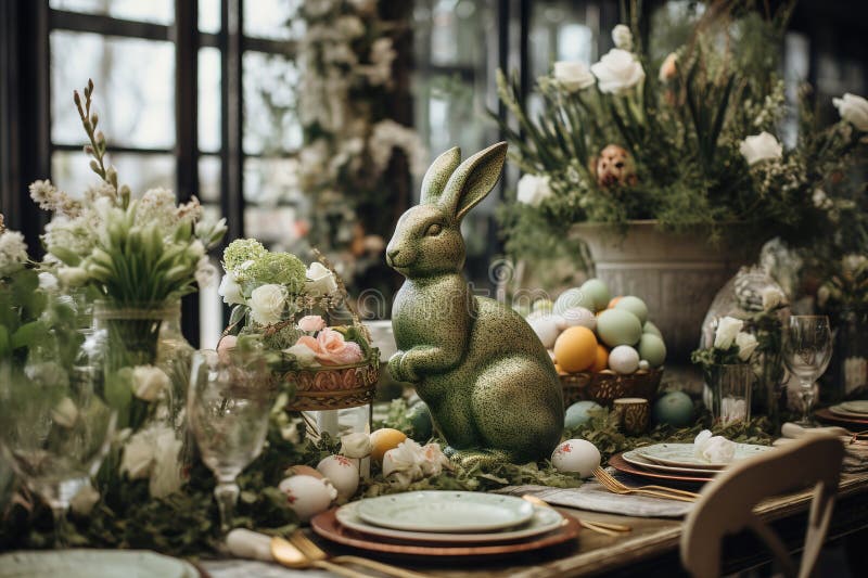 Easter Table Setting with Green Bunny Centerpiece Eggs Stock Photo ...