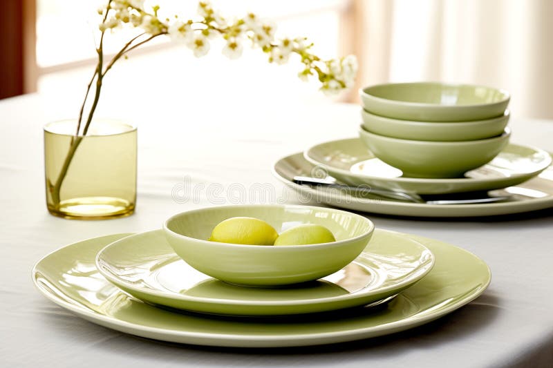 Easter Table Setting with Green Plates, Flowers in Vase, Eggs and ...