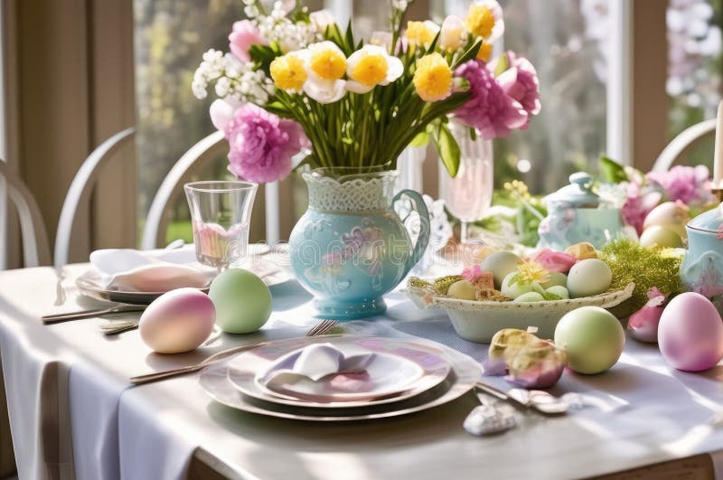 Easter Table Setting with Pastel Eggs and Flowers Stock Illustration ...