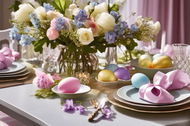 Easter Table Setting with Pastel Eggs and Flowers Stock Photo - Image ...