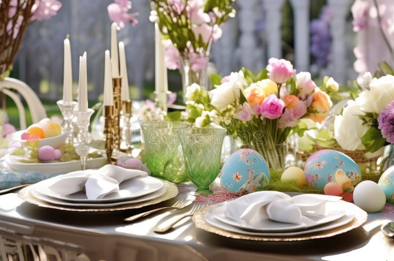 Easter Table Setting with Pastel Eggs and Flowers Stock Image - Image ...
