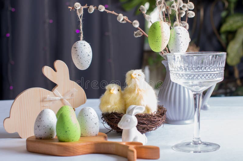 Easter Table Setting Yellow Chickens Painted Eggs Stock Photos - Free ...