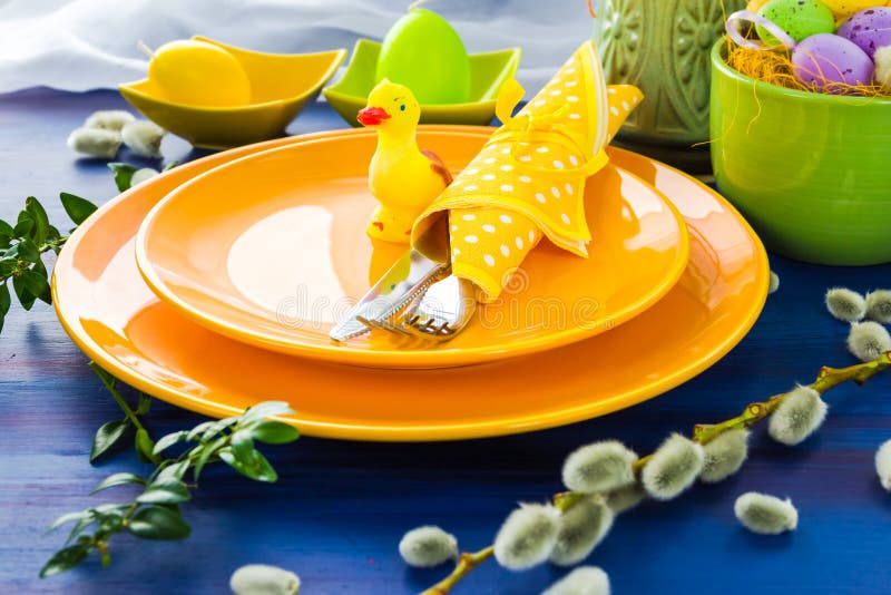 Easter Table Setting Yellow Duck Stock Photo - Image of breakfast ...