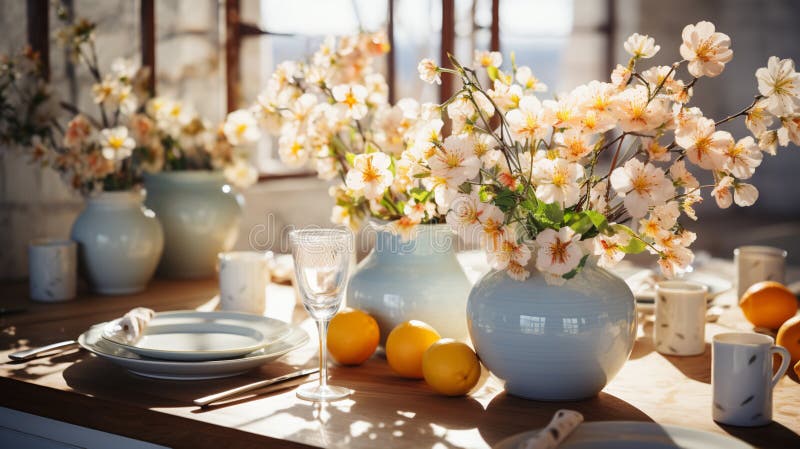 Easter Table with Spring Flowers in a Sunny April Kitchen Mock Up ...