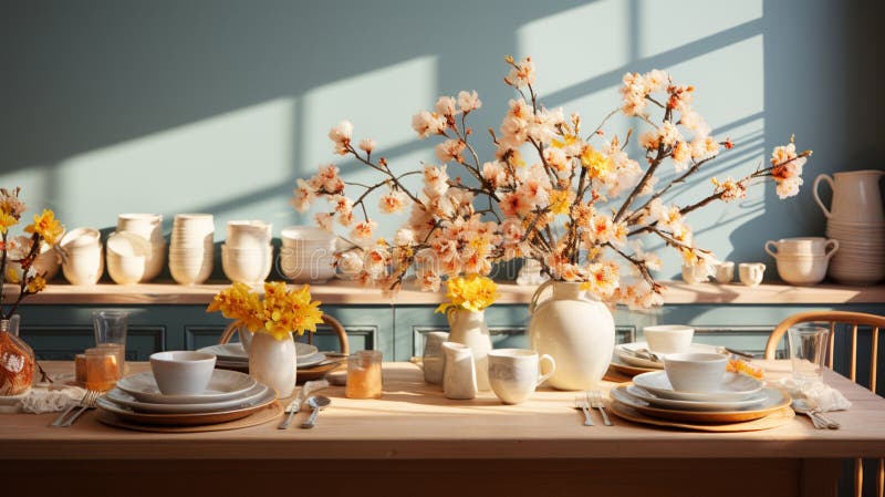 Easter Table with Spring Flowers in a Sunny April Kitchen Mock Up ...