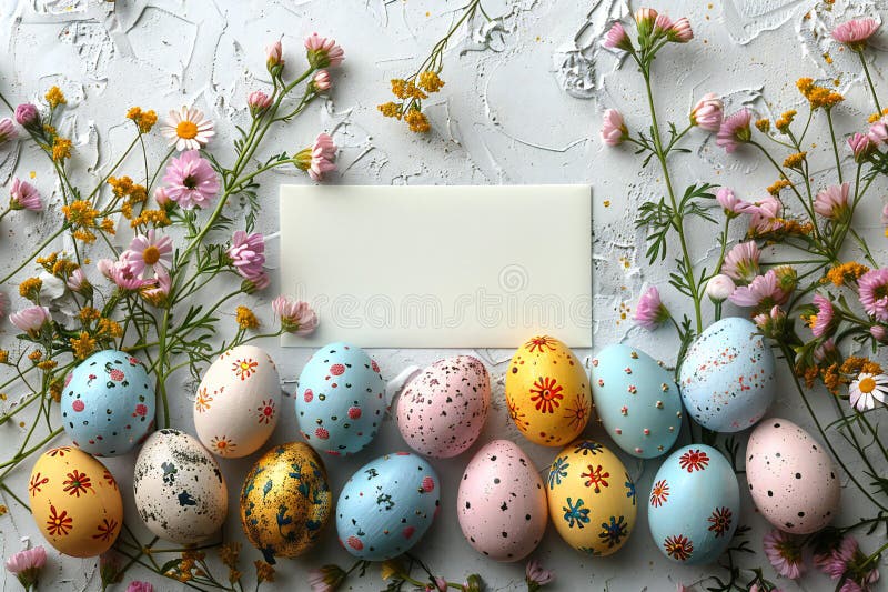 Easter Theme Background with a Blank White Card for Text, Decorated ...