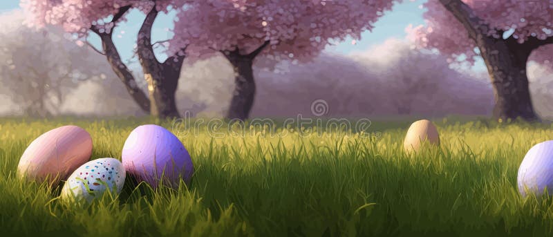 Easter Theme with Beautiful Eggs in Grass Banner Vector Illustration As ...