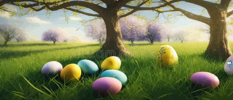 Easter Theme with Beautiful Eggs in Grass Banner Vector Illustration As ...