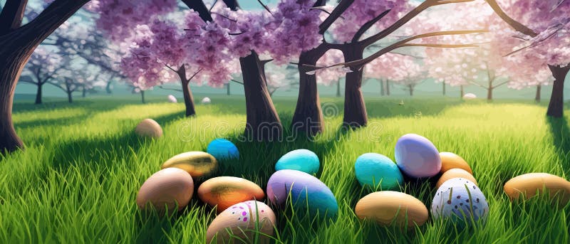 Easter Theme with Beautiful Eggs in Grass Banner Vector Illustration As ...