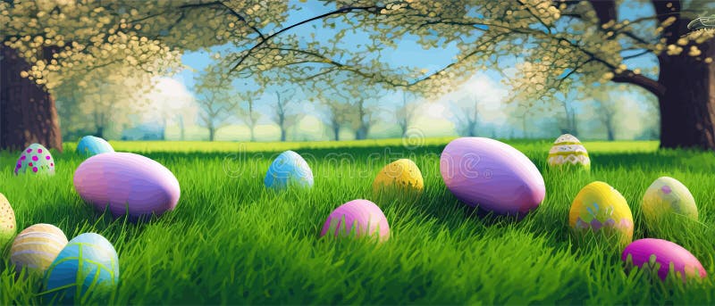 Easter Theme with Beautiful Eggs in Grass Banner Vector Illustration As ...