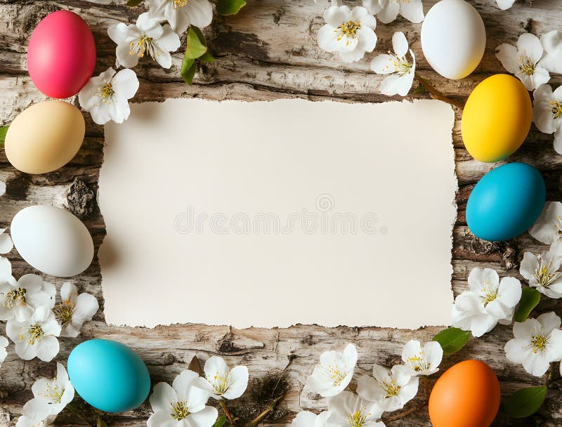 Easter Egg Border with White Flowers & Blank Paper Stock Illustration ...