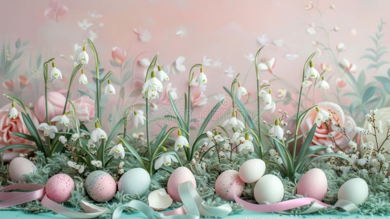 Easter-themed Backdrop Featuring Snowdrops, Eggs, and Ribbon Stock ...