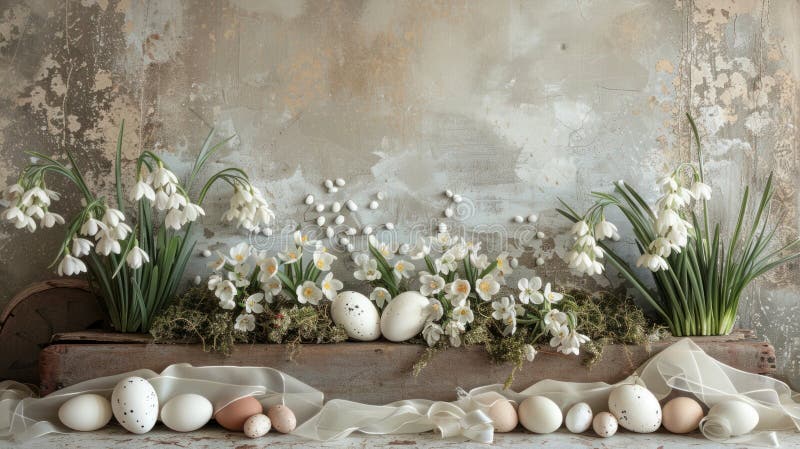 Easter-themed Backdrop Featuring Snowdrops, Eggs, and Ribbon Stock ...