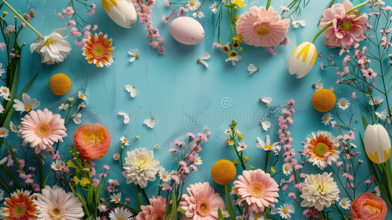 Easter-themed Backdrop Featuring Spring Flowers and Easter Eggs. Stock ...