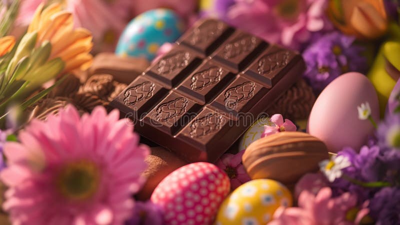 Easter Themed Chocolate Pieces Surrounded by Flowers and Easter Eggs ...