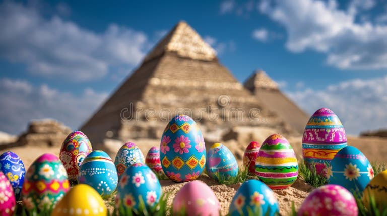 Colorful Easter Eggs with Pyramids in the Background Stock Illustration ...