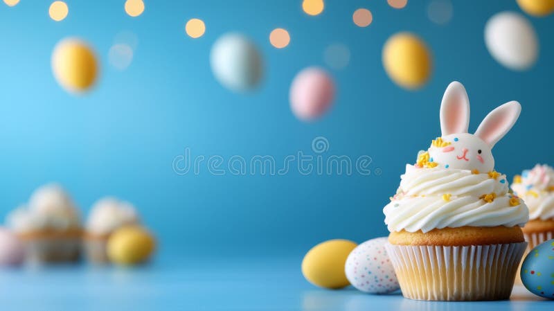 Easter Themed Cupcakes with Bunny Decorations and Colorful Eggs on Blue ...