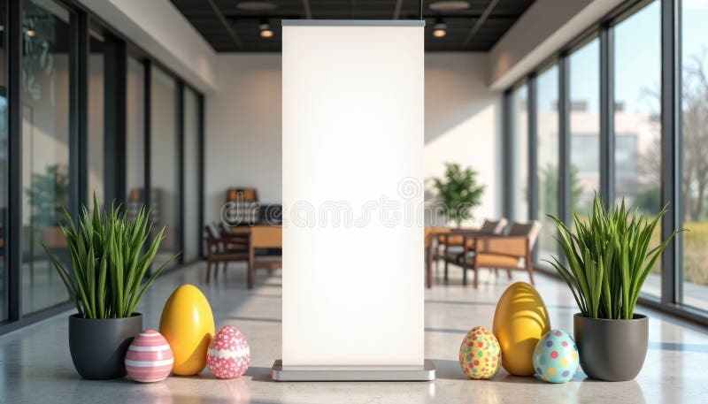 Easter-themed Display Stand Surrounded by Colorful Eggs and Plants in a ...