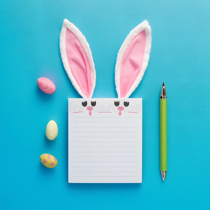 Easter Themed Notepad with Rabbit Ears on Blue Background, Top View ...