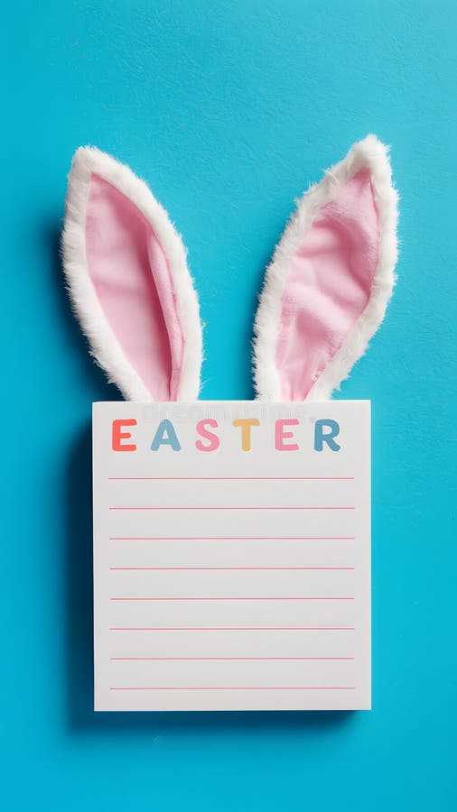 Easter Themed Notepad with Rabbit Ears on Blue Background, Top View ...